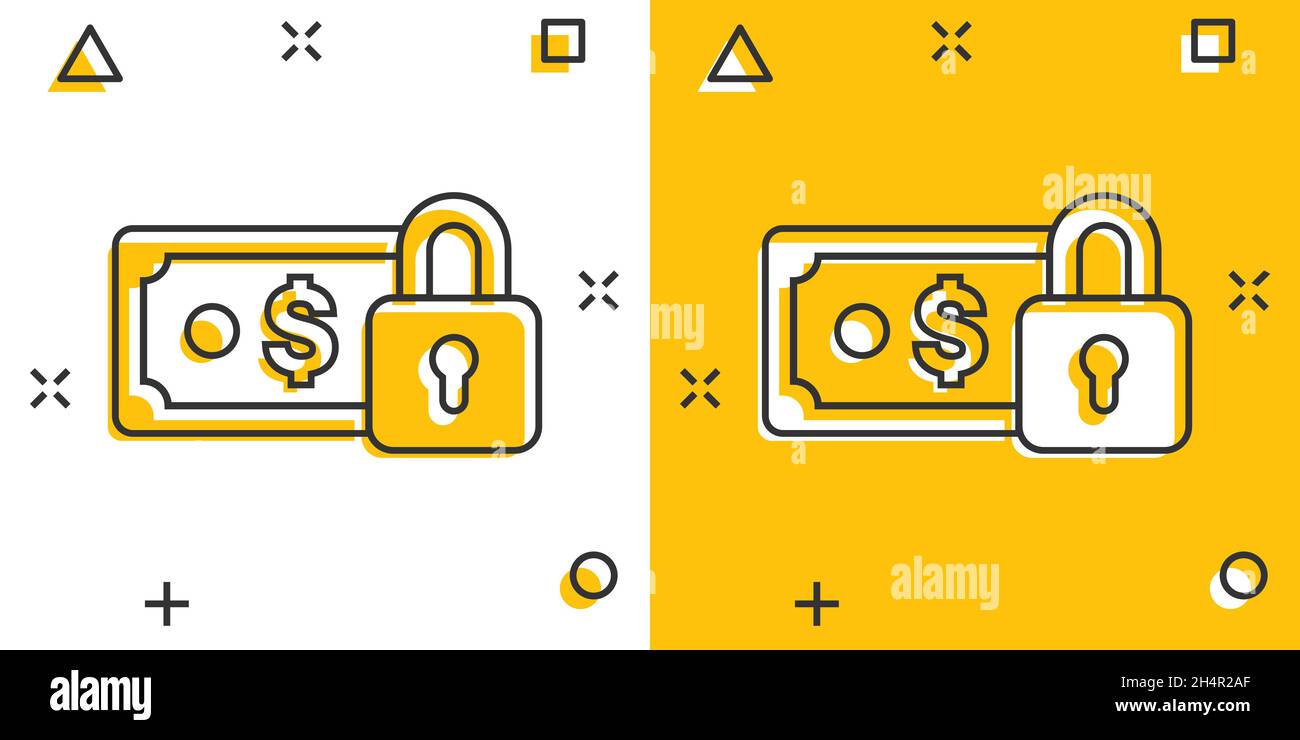 Dollar banknote with lock icon in comic style. Dollar cash safe cartoon ...