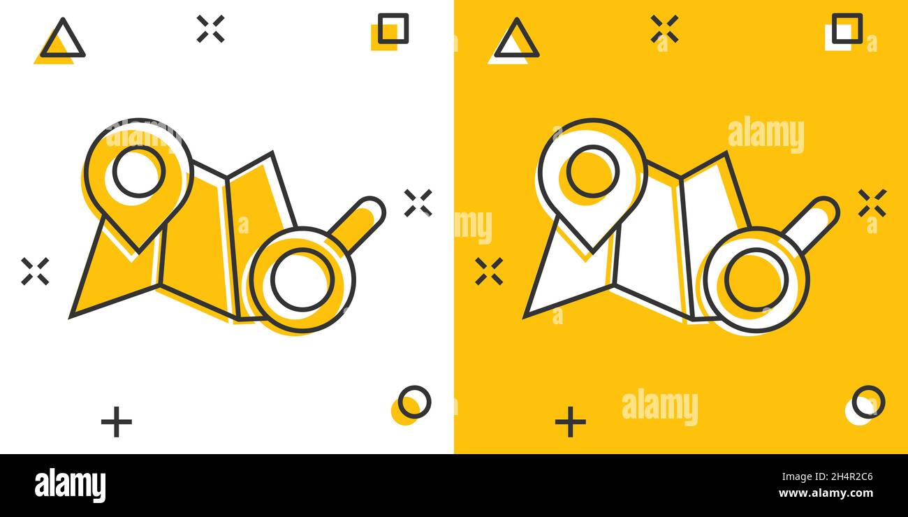 Map with magnifier icon in comic style. Gps navigation cartoon vector ...