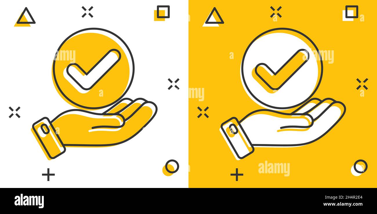 People hand with check mark icon in comic style. Accept cartoon vector ...
