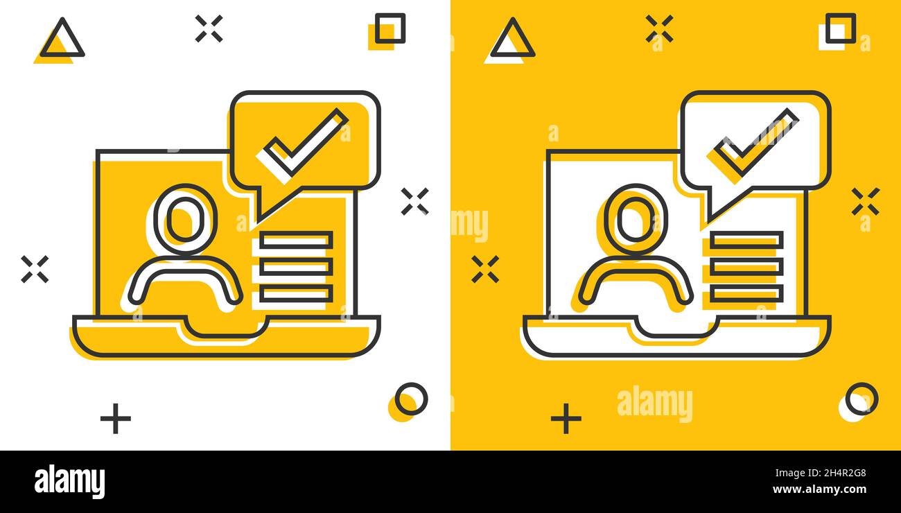 People with laptop computer icon in comic style. Pc user check mark ...