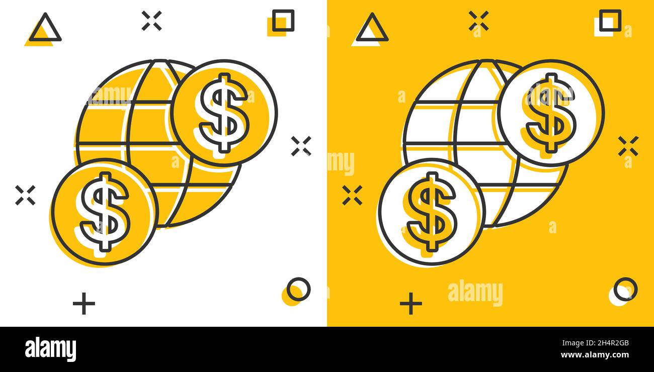 Global business icon in comic style. Money transaction cartoon vector ...