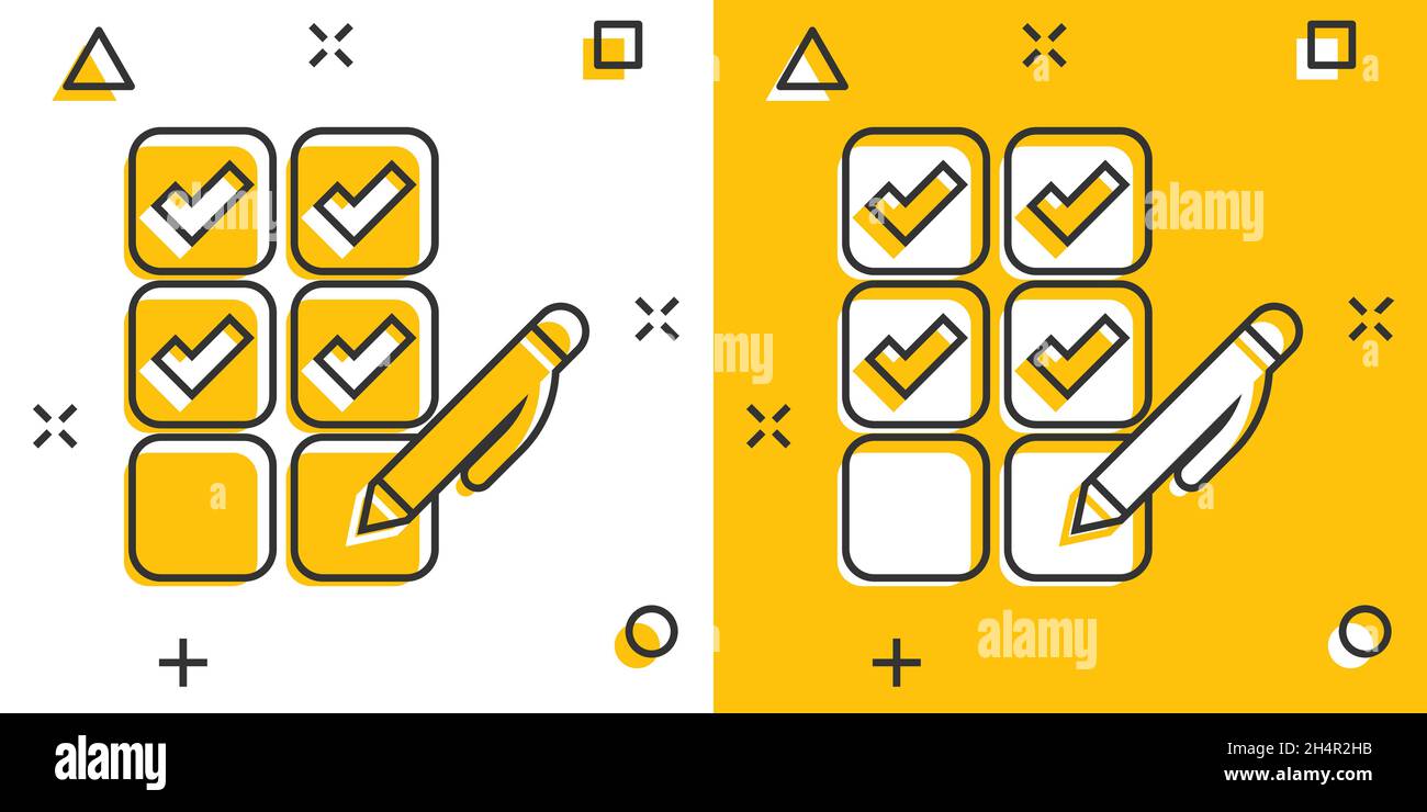 Checklist document icon in comic style. Survey cartoon vector ...