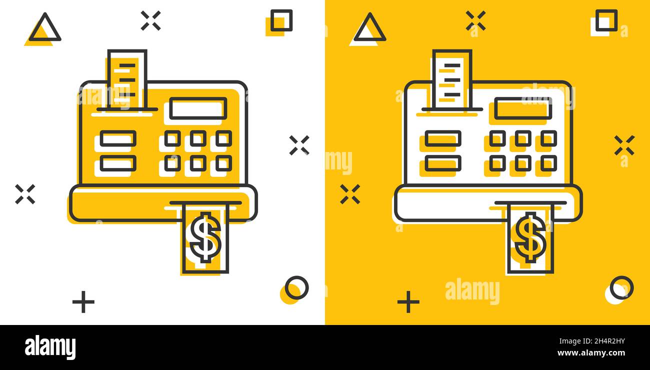 Cash register icon in comic style. Check machine cartoon vector ...