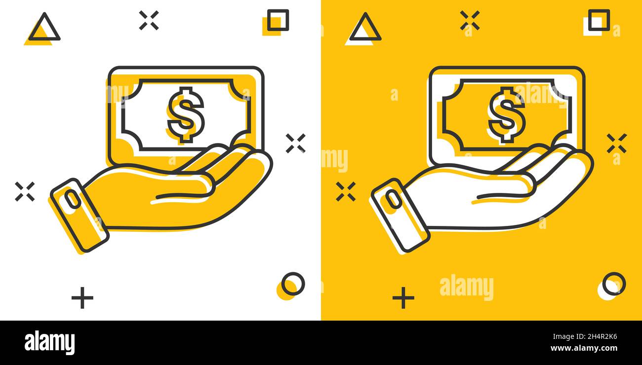 Remuneration icon in comic style. Money in hand cartoon vector ...