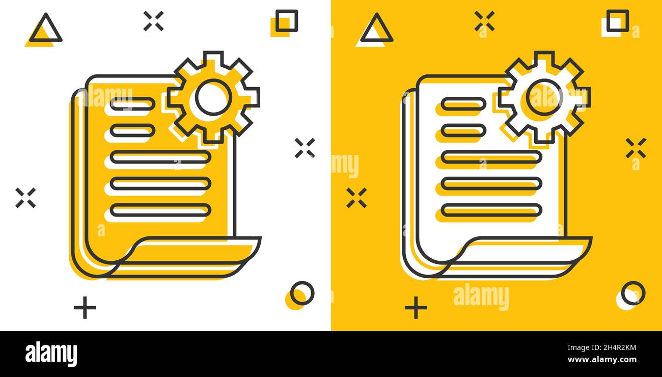 Document with gear icon in comic style. Big data processing cartoon ...