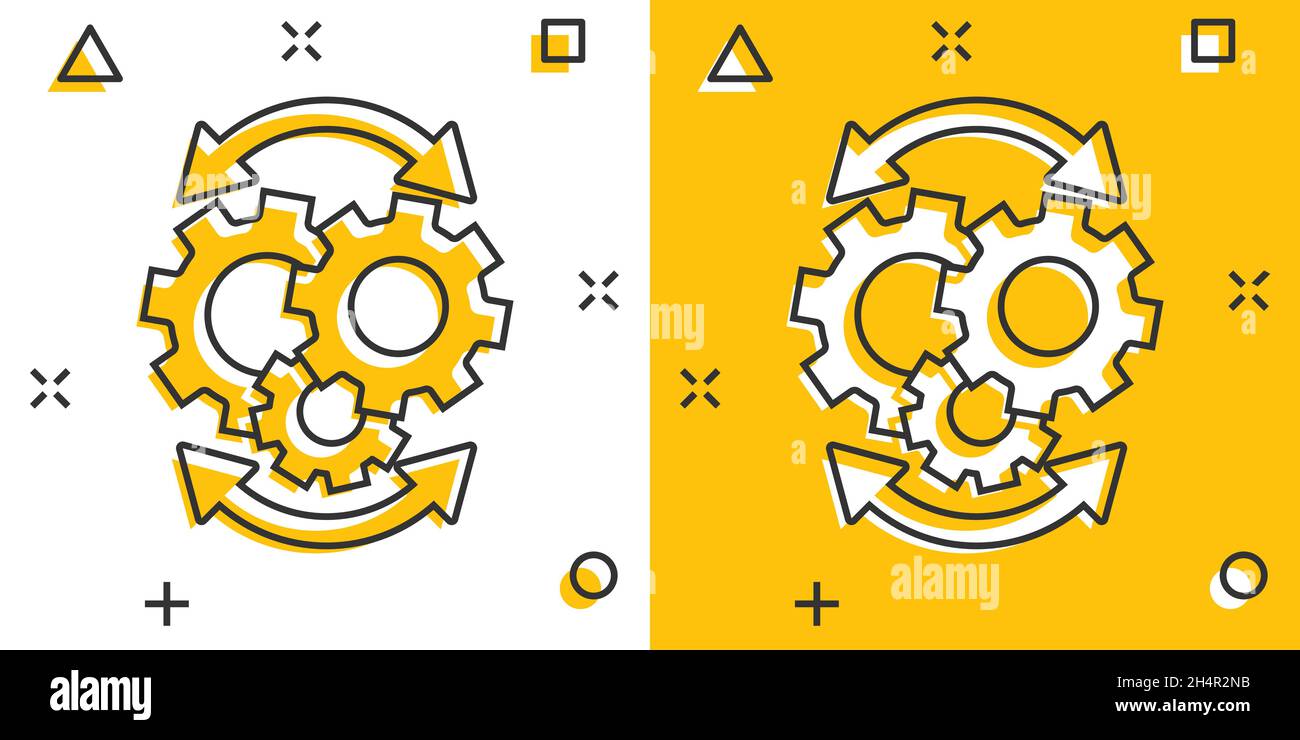 Workflow icon in comic style. Gear effective cartoon vector ...