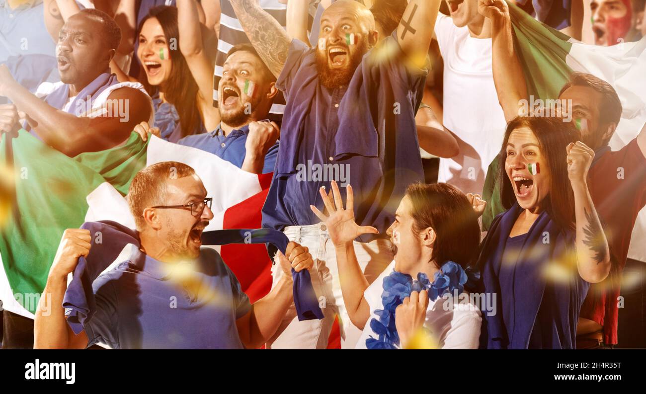 Italian excited football, soccer fans cheering their team with a red ...