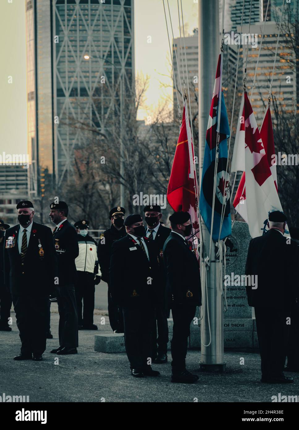 CALGARY, CANADA - Nov 02, 2021: Soldiers raise the Canadian and ...