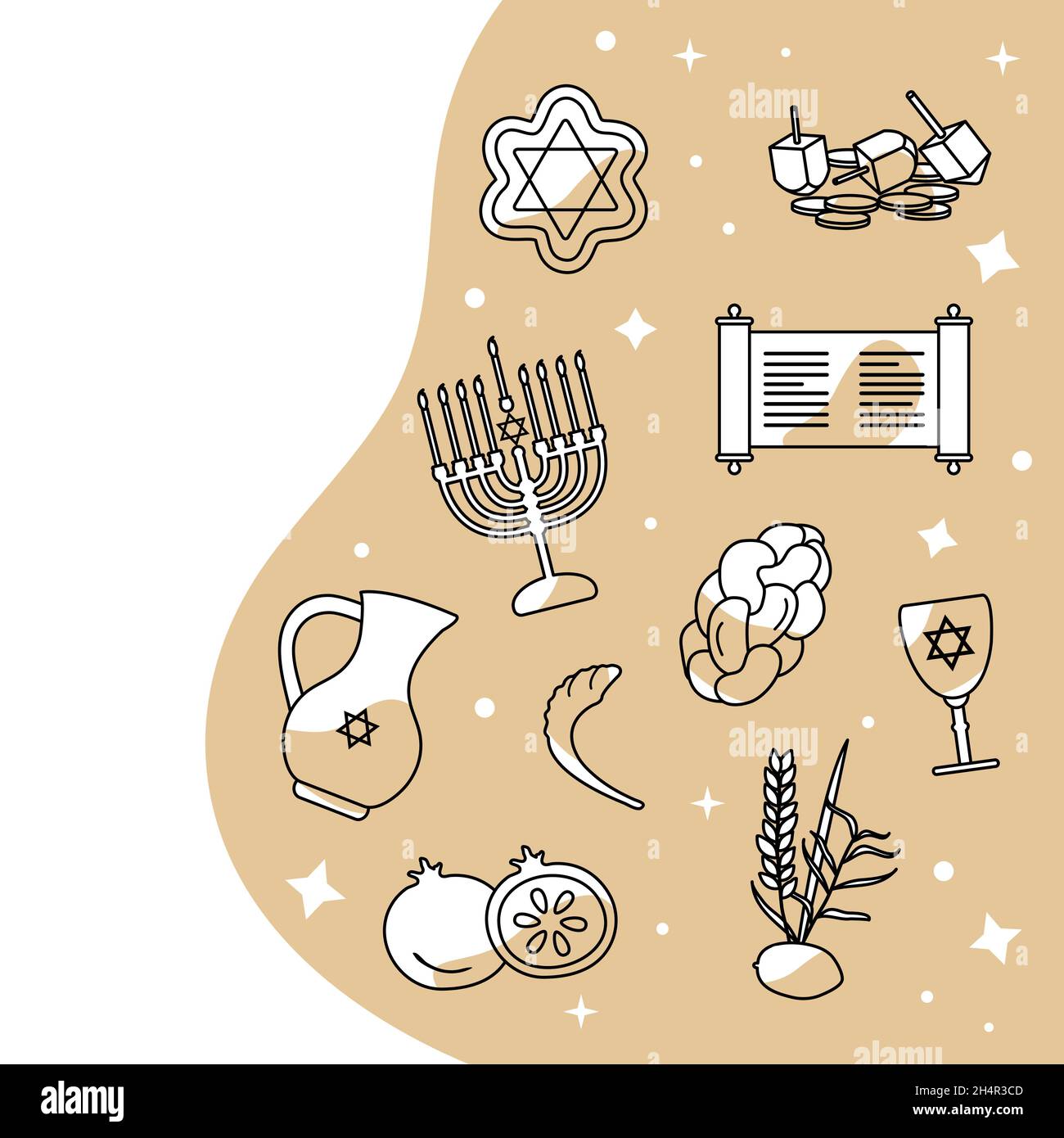 Vector illustration Torah Menorah Dreidel Challah Oil Pitcher Israel ...