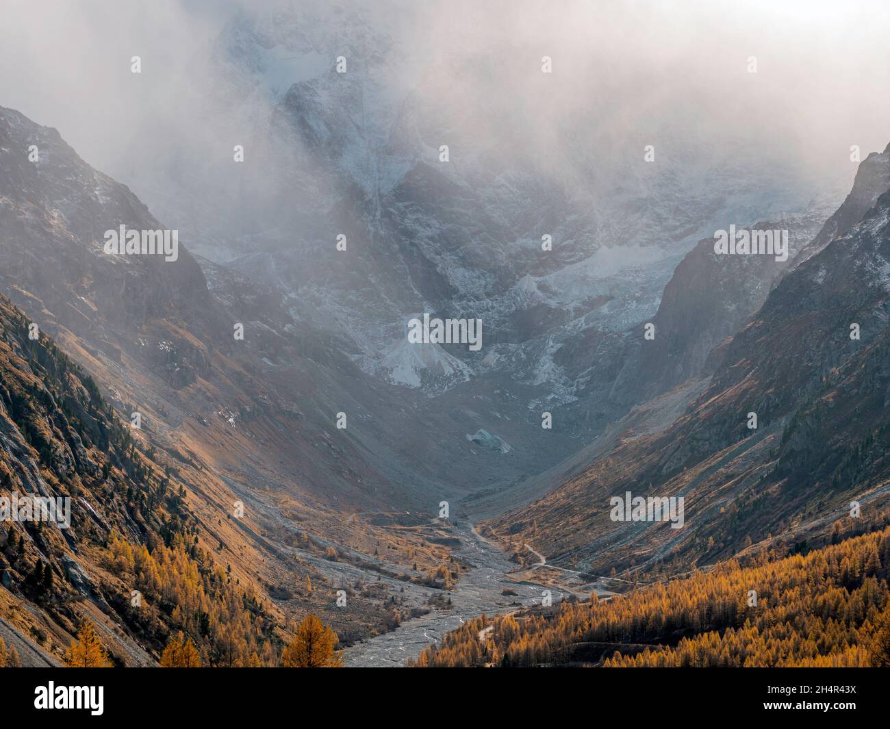Amazing views over an high alpine valley and snow covered mountains ...
