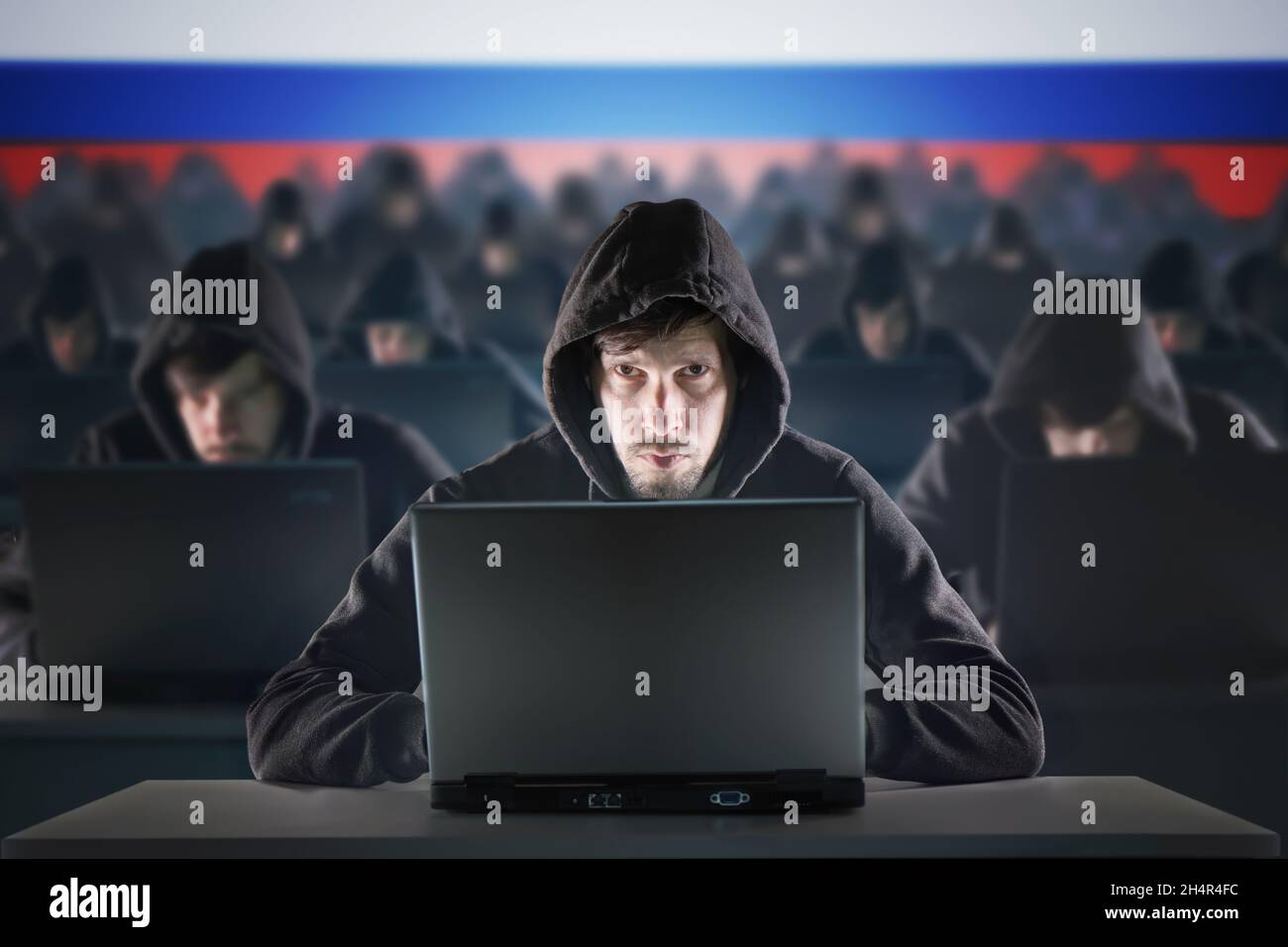Many hackers in russian troll farm. Security and privacy concept Stock ...