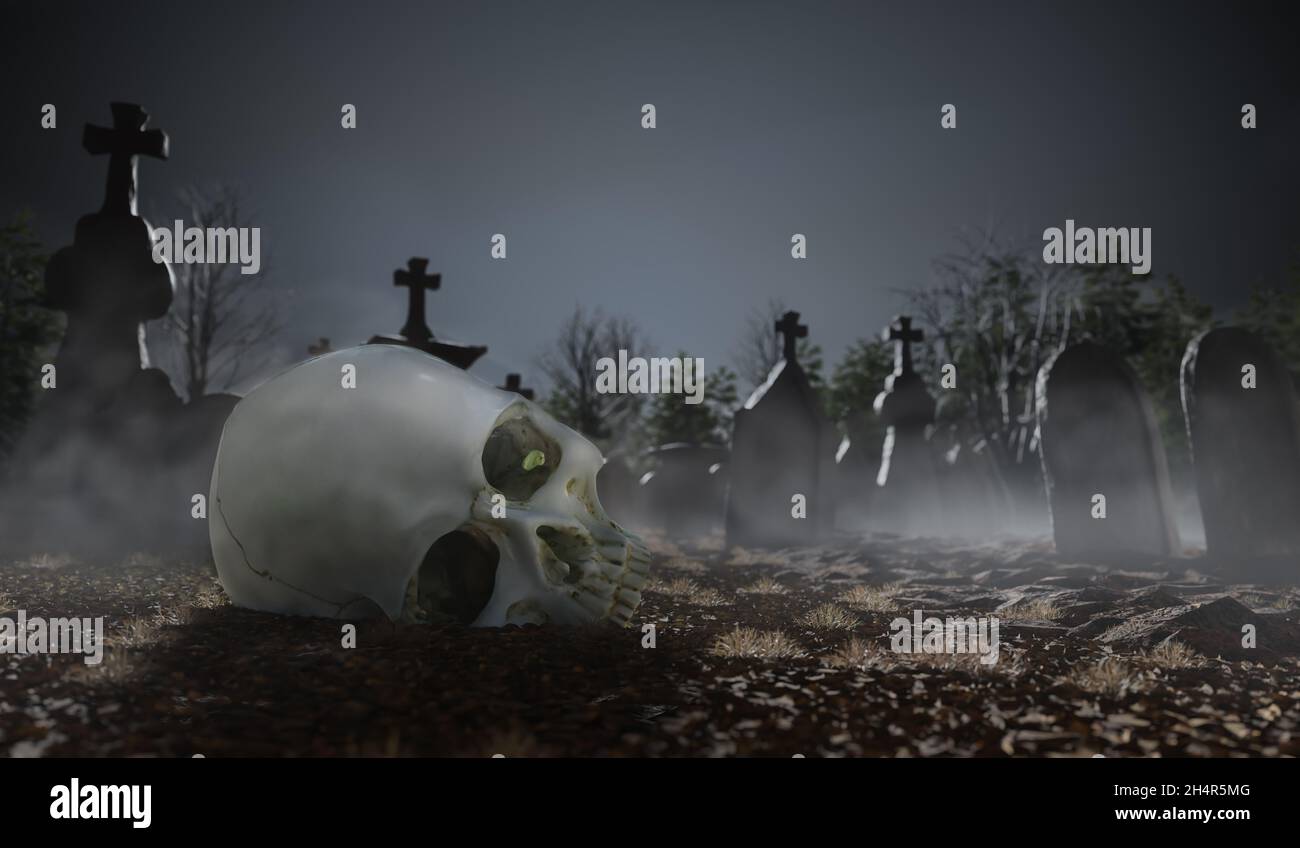 Scary skull in cemetery at night. Graves around. 3D rendered ...