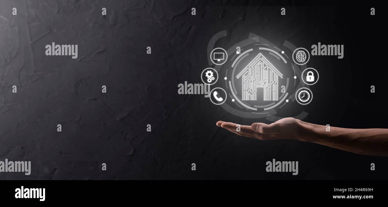 Hand hold house icon.Smart home controlled, intelligent house, and home ...