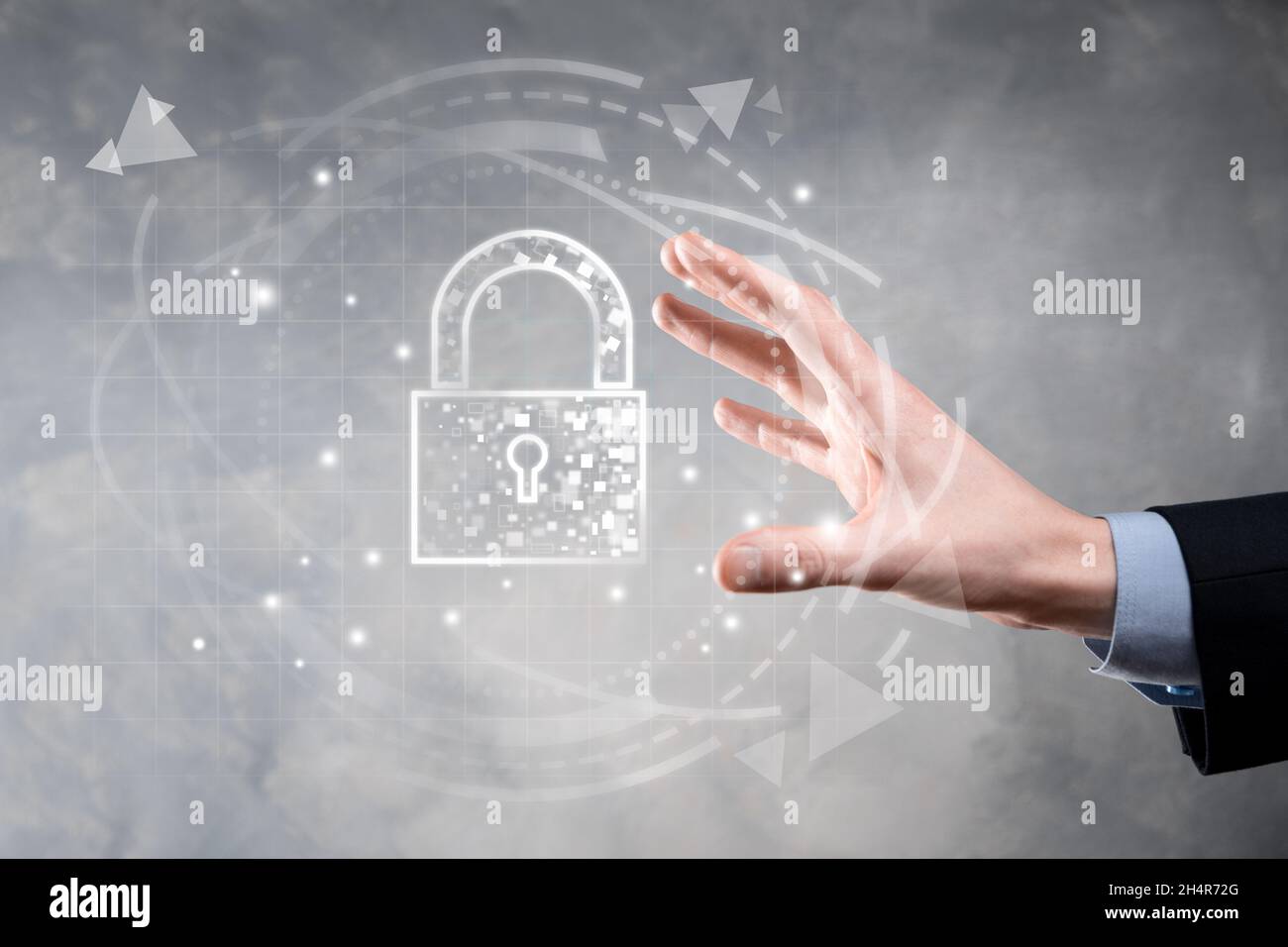 Cyber security network. Padlock icon and internet technology networking. Businessman protecting ...