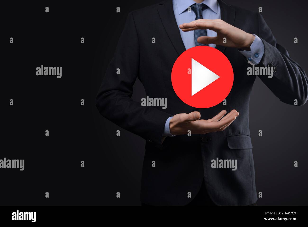 Businessman pressing, hold play button sign to start or initiate ...