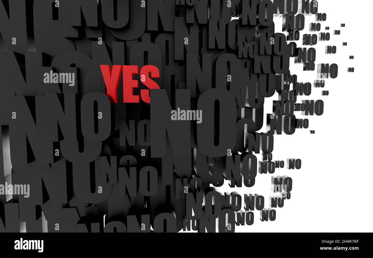 Yes word shining through a black cloud of No words. 3D illustration ...
