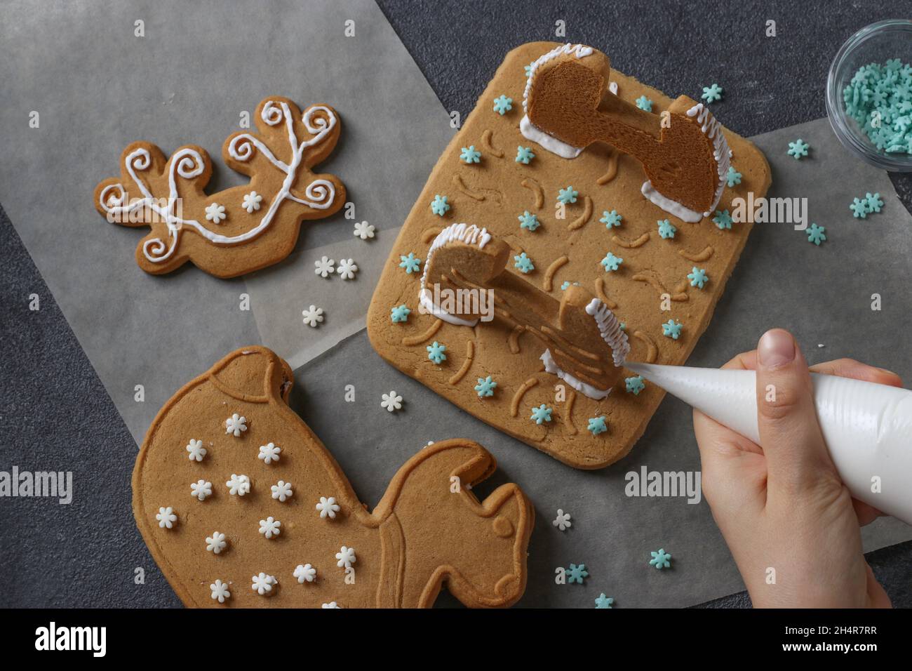 Build deer-shaped gingerbread at home. Step by step. Girl paints a ...