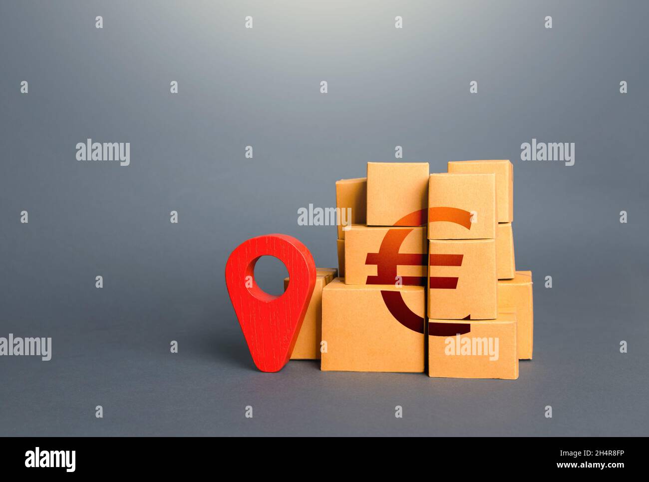Boxes with euro symbol and red location pin. Transportation delivering ...