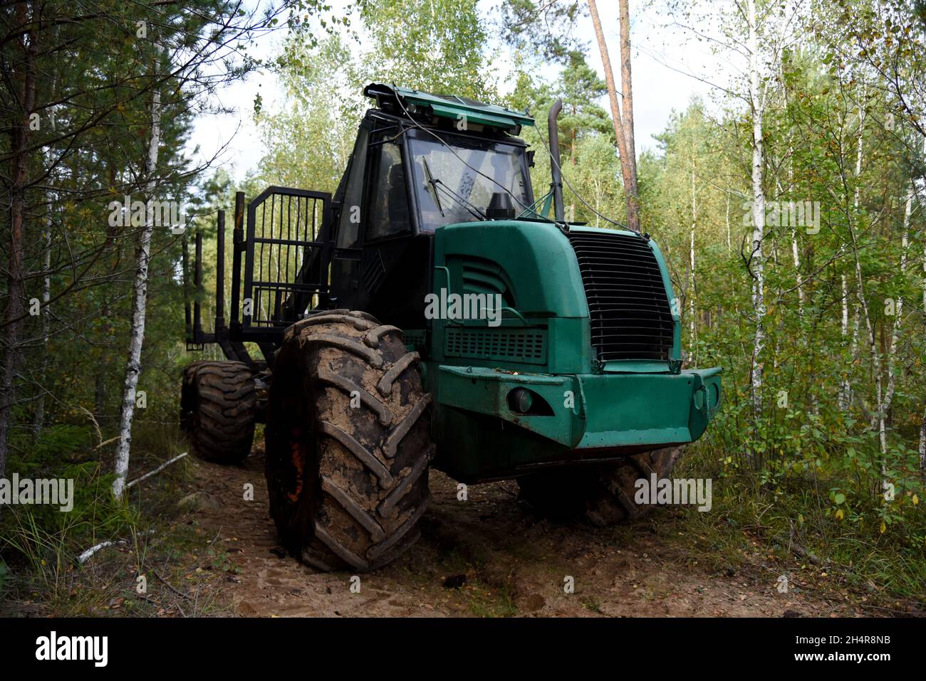 Crane forwarder machine during clearing of forested land. Wheeled ...