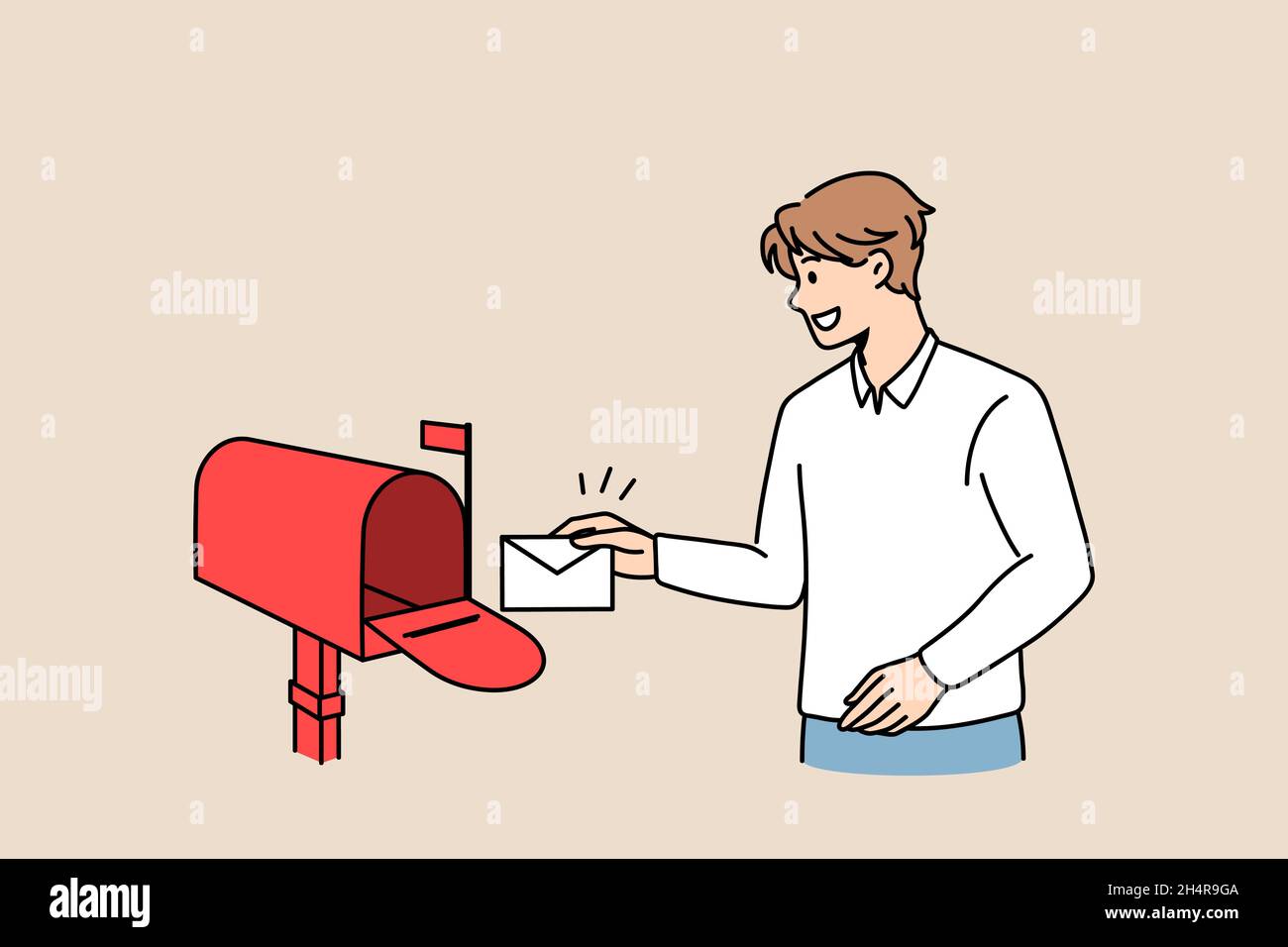 Sending post letter service concept. Young smiling man cartoon ...