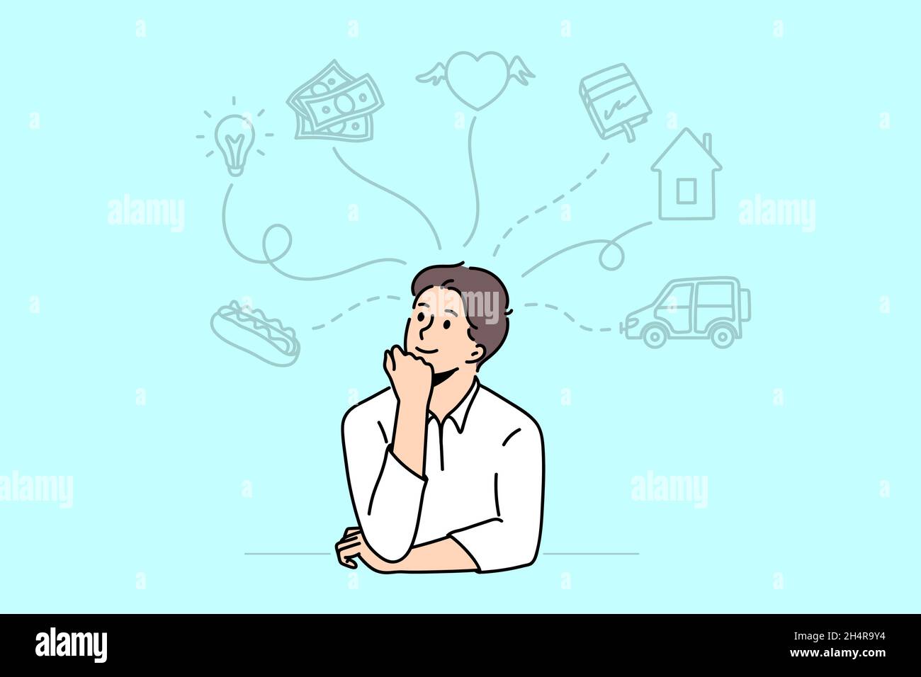 Dreaming of various things concept. Young man cartoon character sitting ...