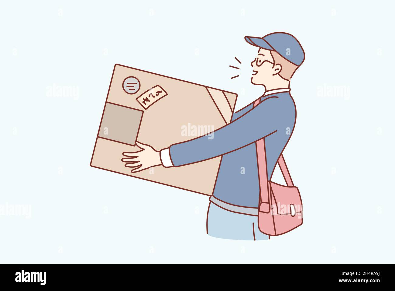 Parcel and post delivery concept. Young man in cap going holding huge ...