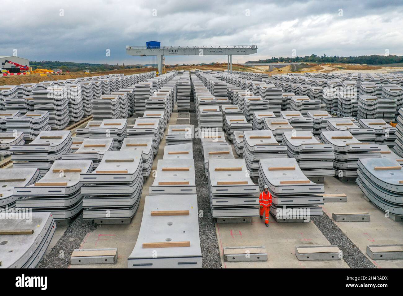 An aerial view of the concrete tunnel segments waiting to be taken into ...