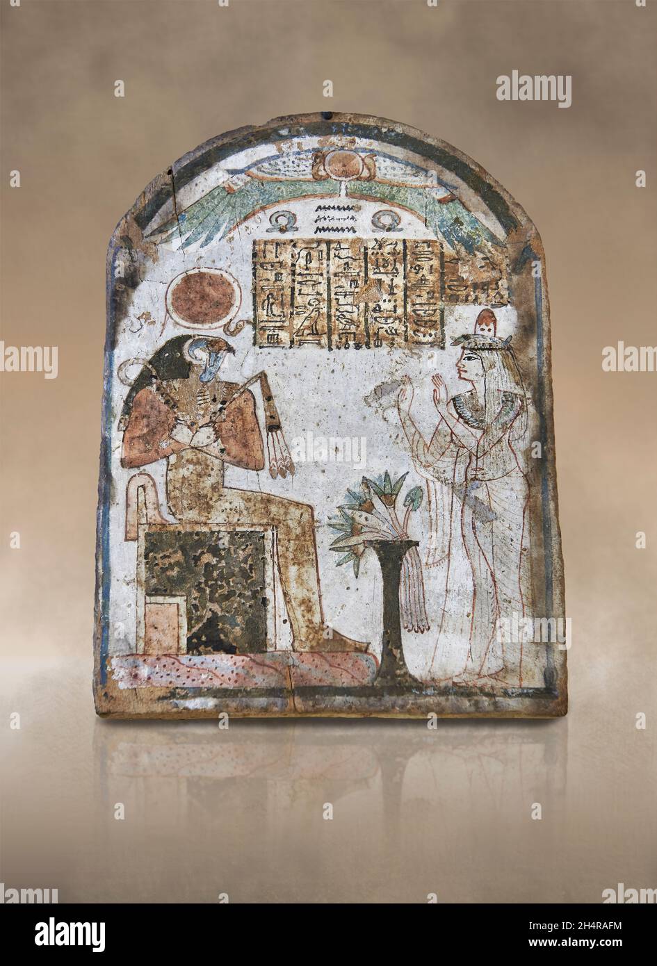 Ancient Egyptian arched stele of the lady Tachemes praying to Re ...