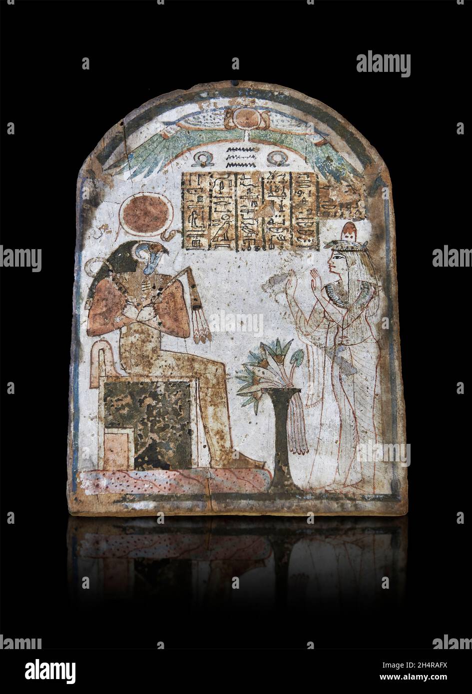 Ancient Egyptian arched stele of the lady Tachemes praying to Re ...