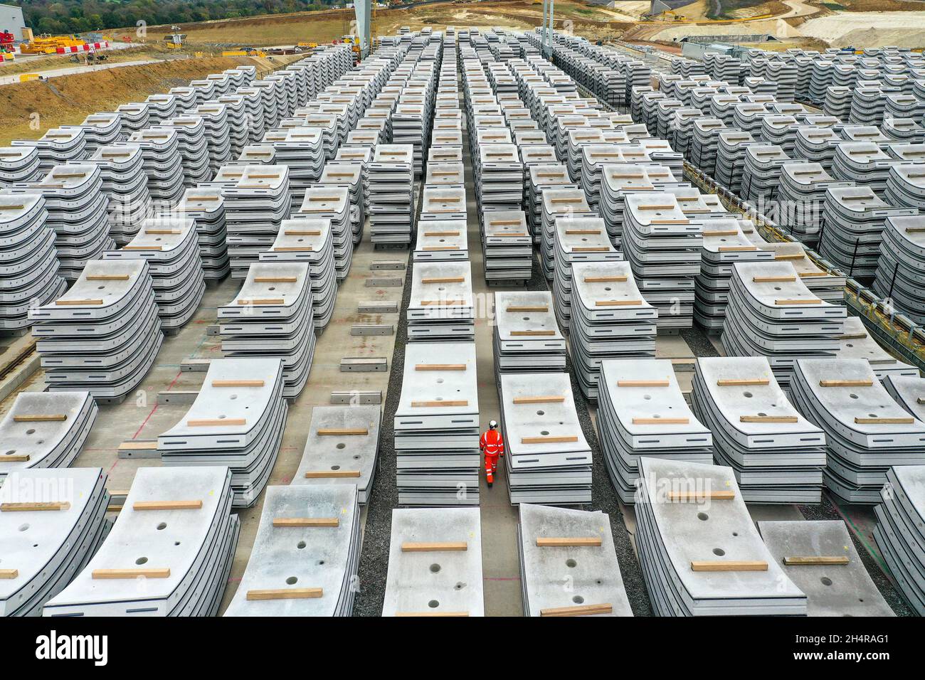 An aerial view of the concrete tunnel segments waiting to be taken into ...