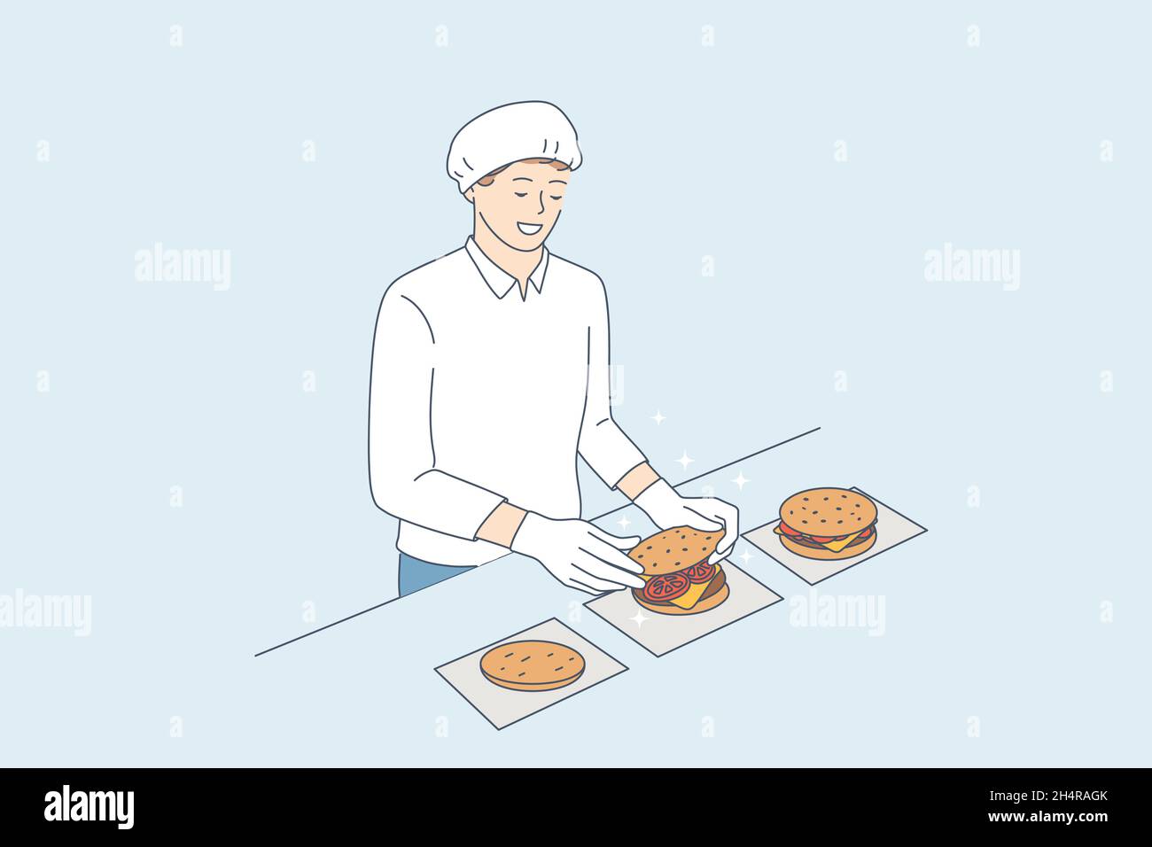 Cooking burgers and junk food cafe concept. Young smiling man chef in ...