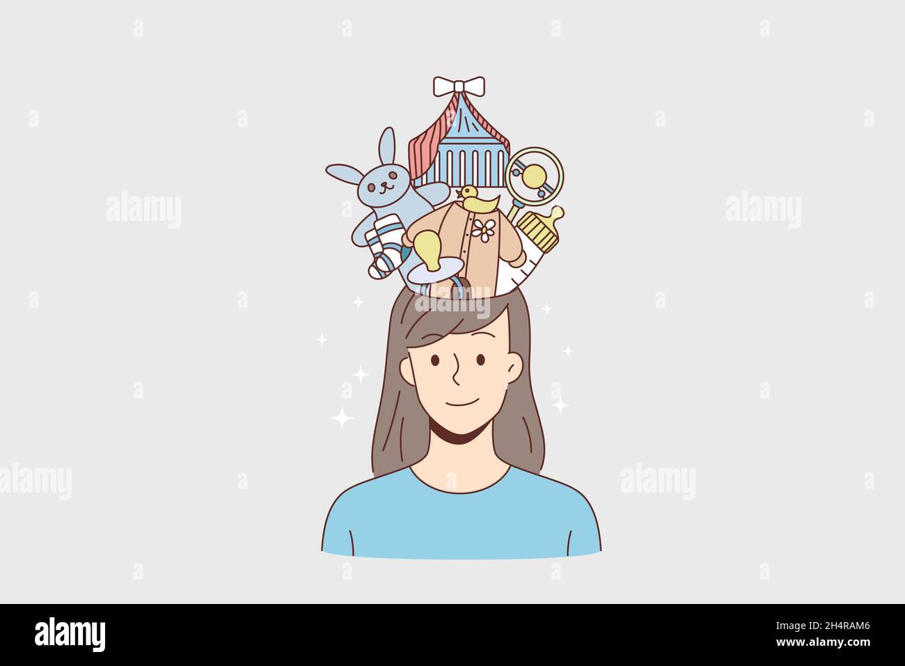 Thinking of child and baby concept. Young woman cartoon character ...