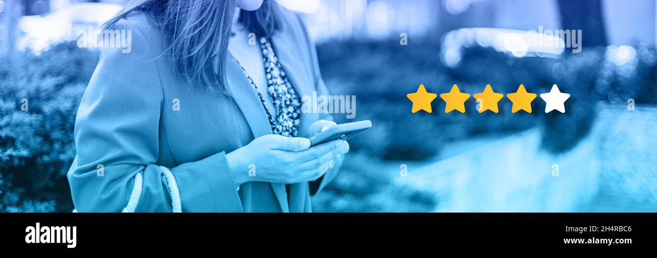 Customer review good rating concept. Excellent. Person using mobile ...