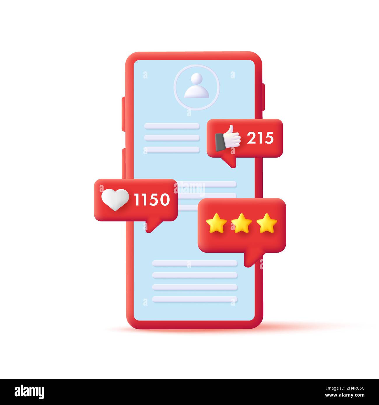 3d render illustration of a red smartphone with profile page and push ...