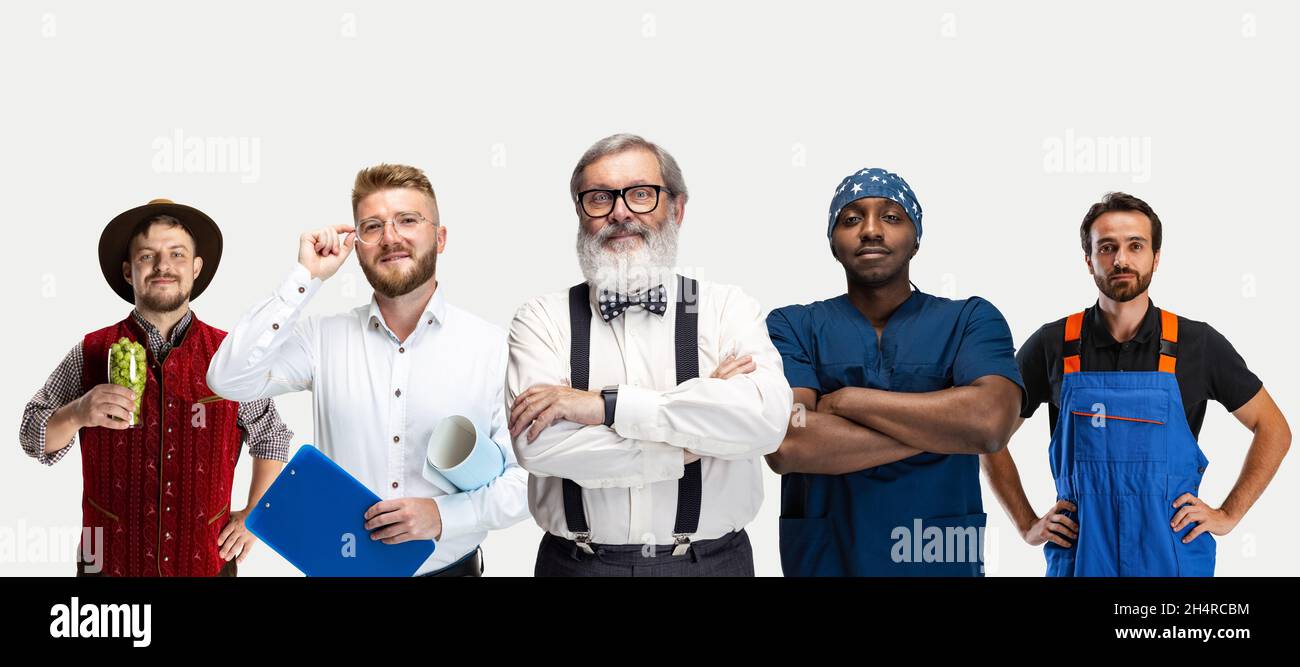 Horizontal flyer with of mixed-age men in image of waiter, professor ...