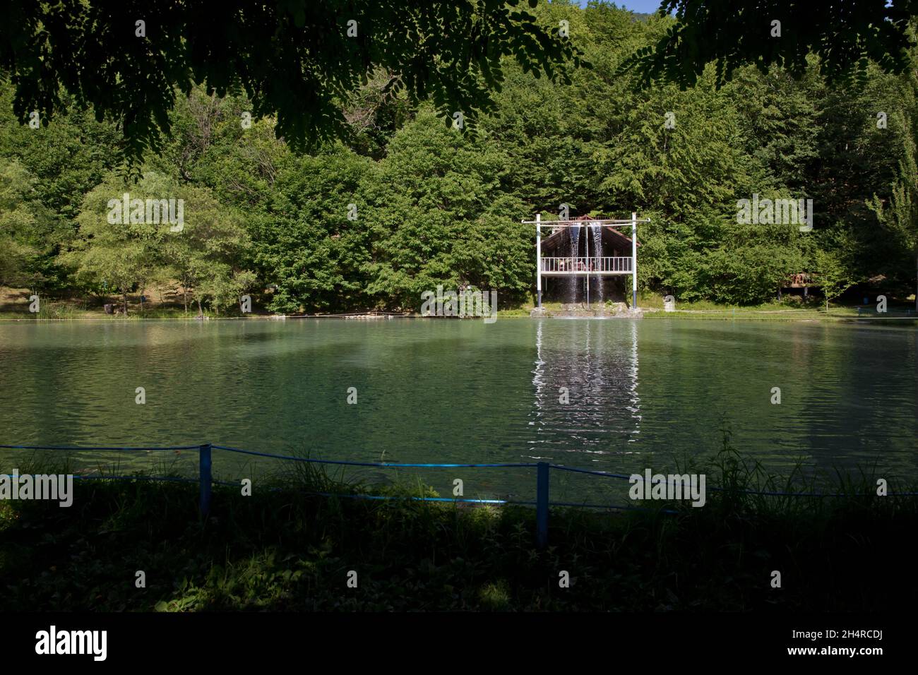 Azerbaijan Gabala . Green forest by the lake in reflection in the water ...