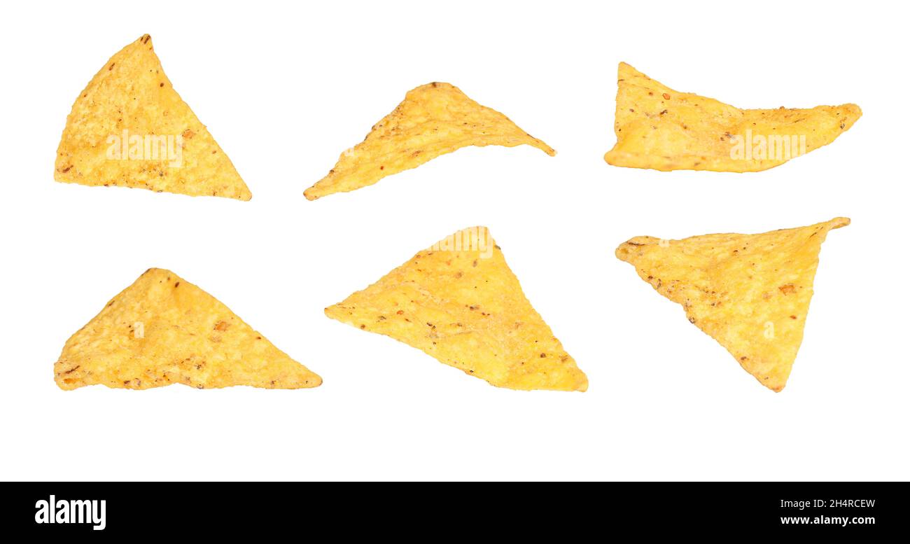 Set of cheesy tortilla chips isolated on white background. Spicy fried ...