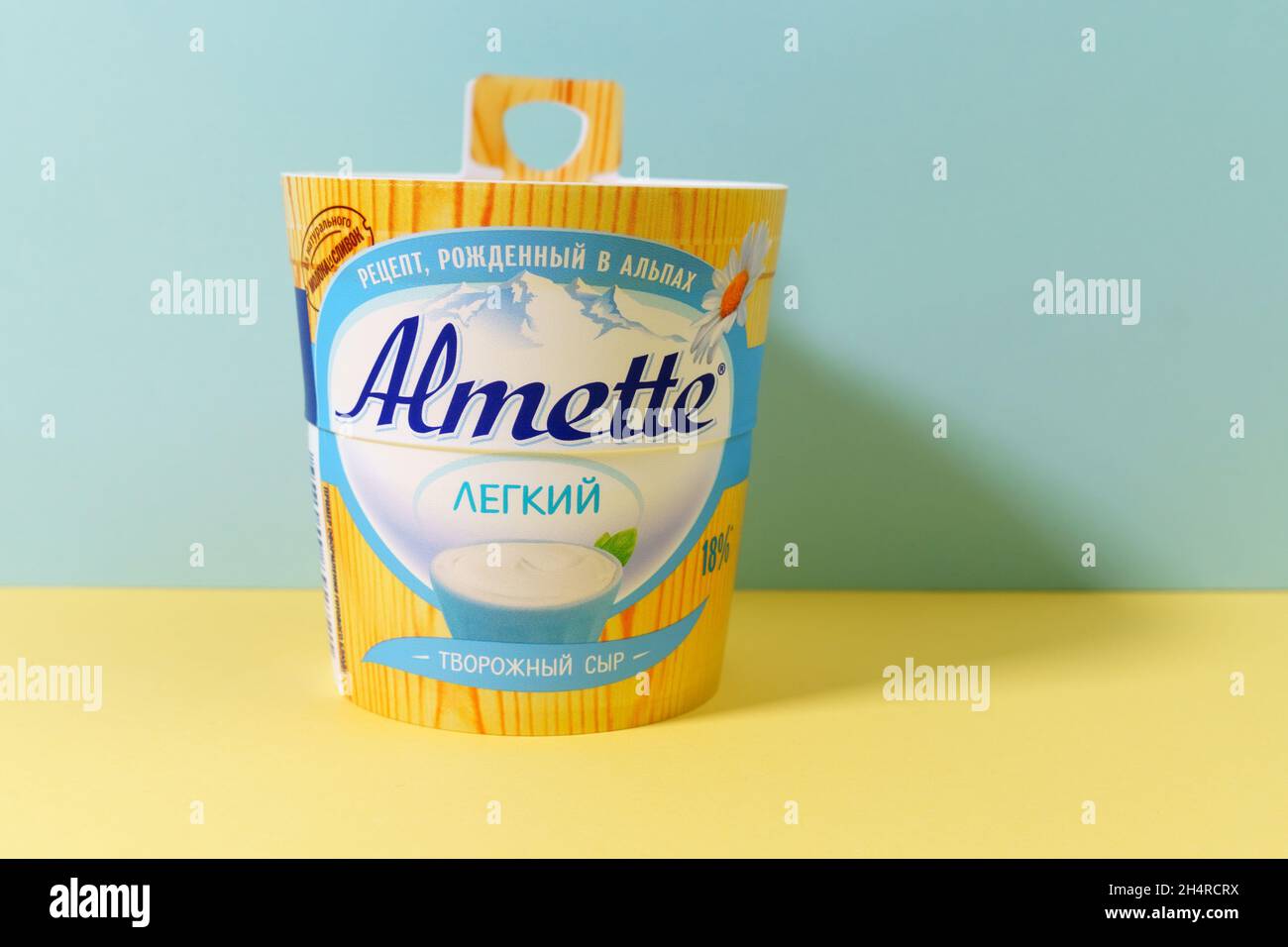 Tyumen, Russia-October 15, 2021: Almette cream cheese. Light cheese ...