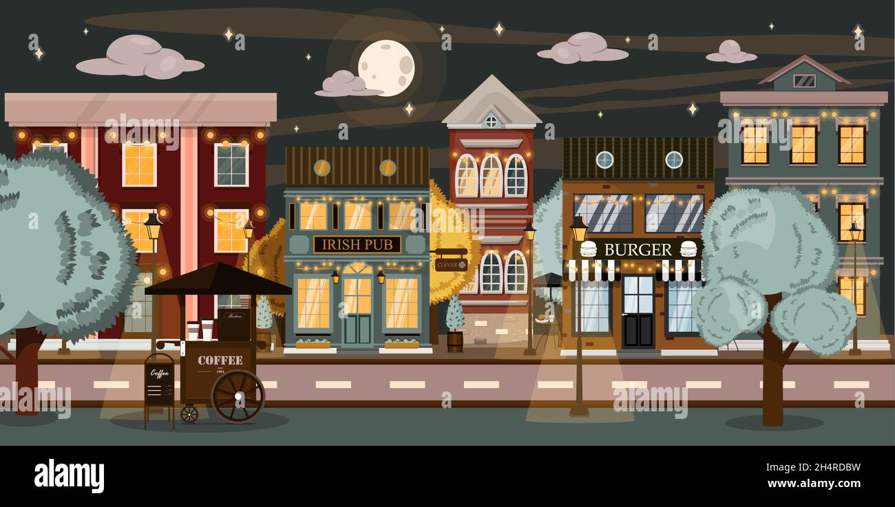 Vector night street with restaurant, bar shop, houses and a food cart ...