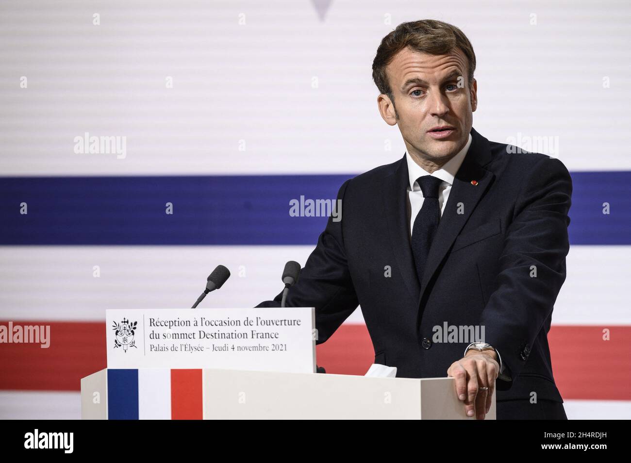 Paris, France. 04th Nov, 2021. France's President Emmanuel Macron gives ...