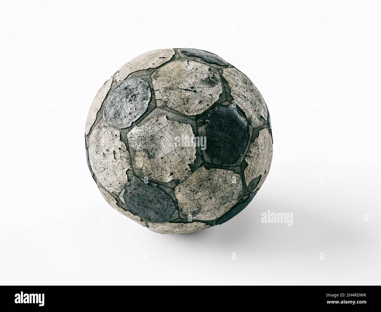 Old, torn, dirty and damaged soccer or football ball isolated on white ...