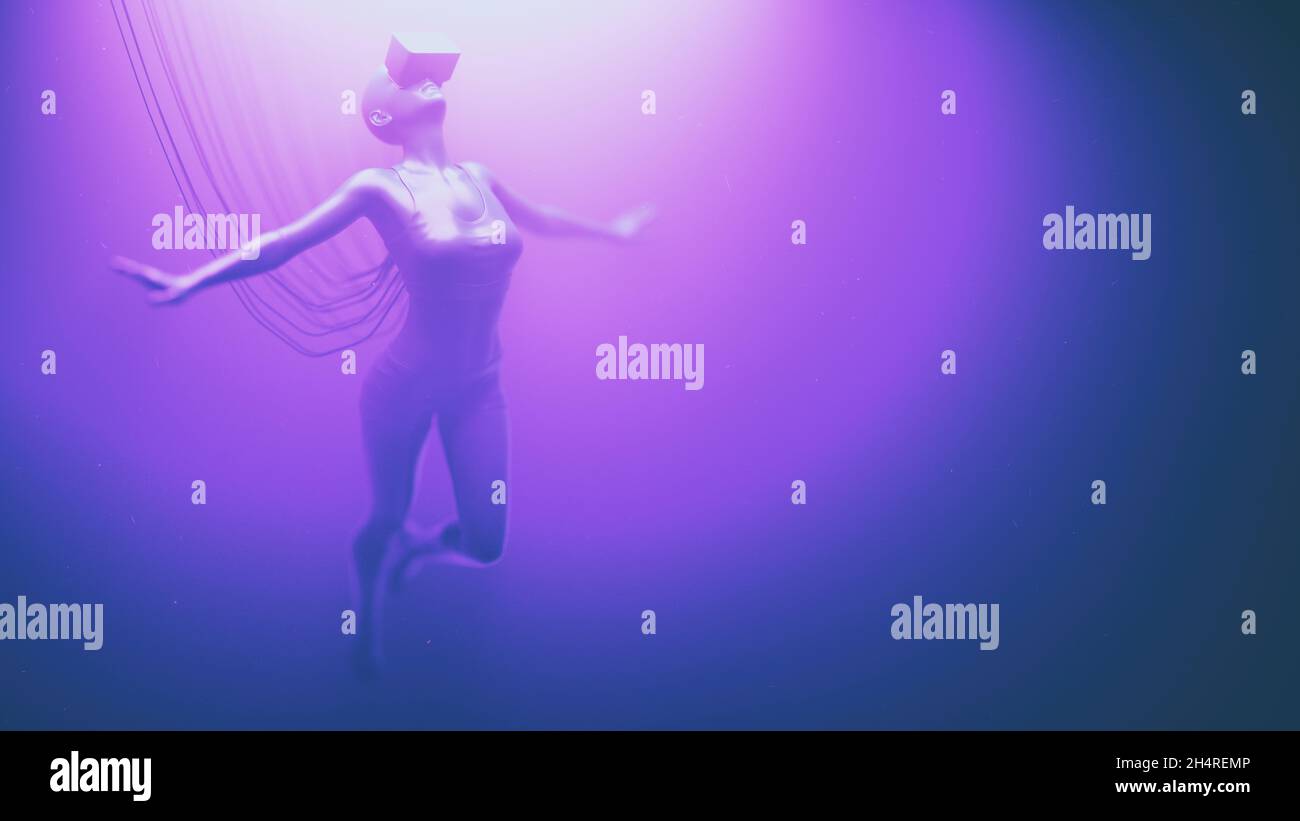 Woman in VR glasses float in neon space with cables attached to her ...