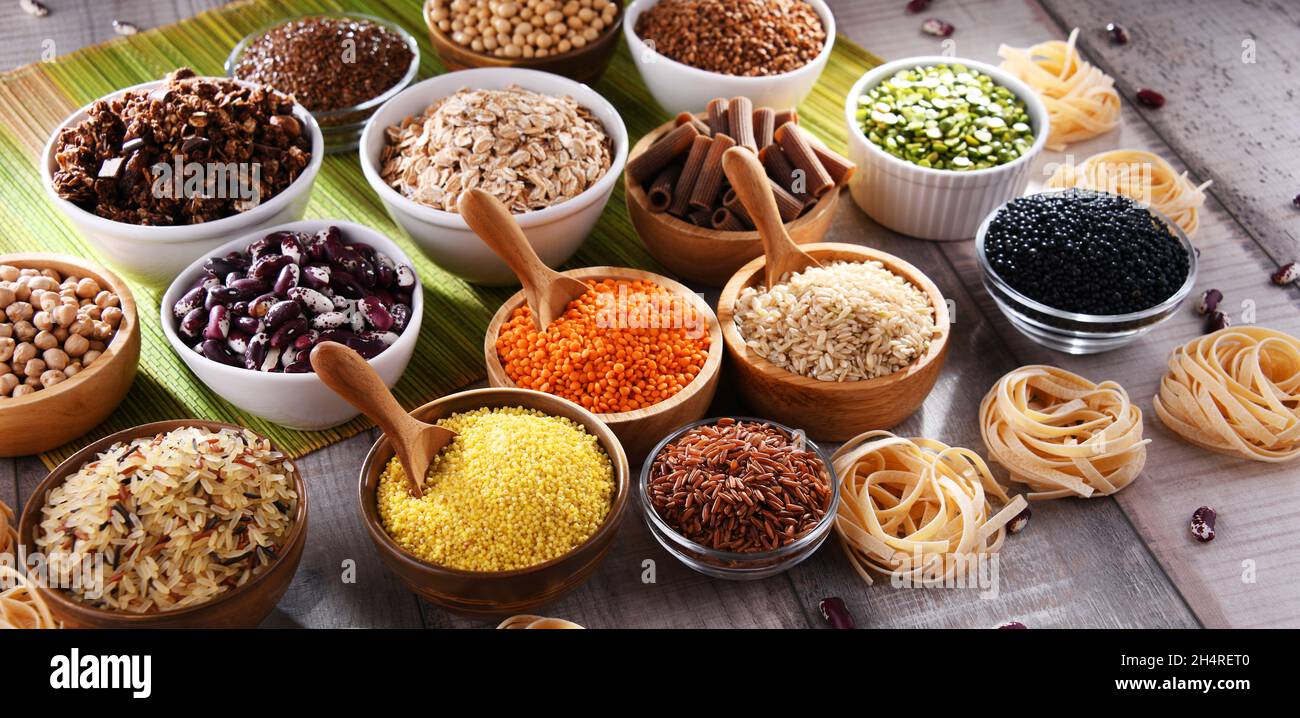 Composition with different kinds of dry food products Stock Photo - Alamy