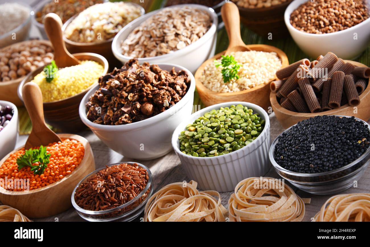 Composition with different kinds of dry food products Stock Photo - Alamy