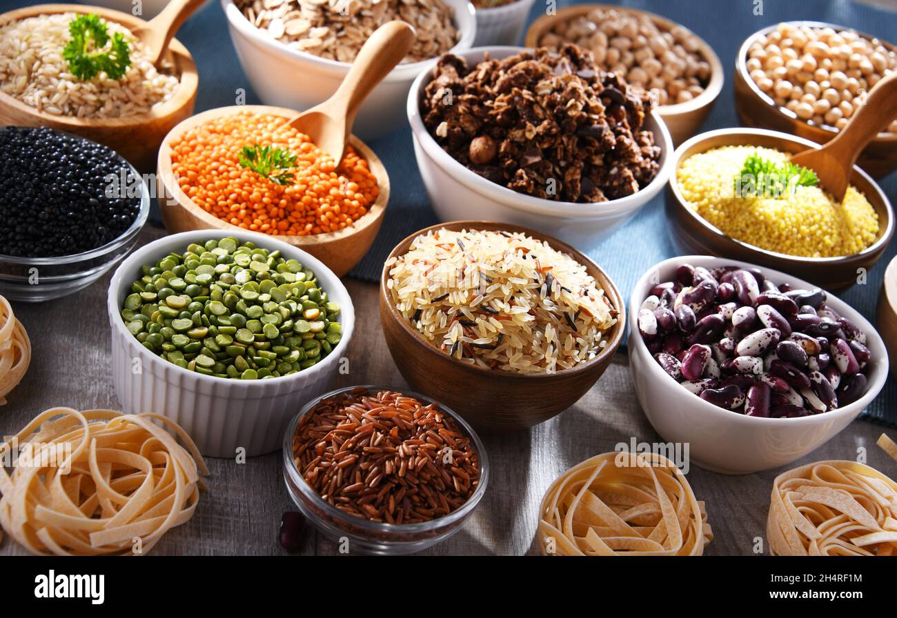 Composition with different kinds of dry food products Stock Photo - Alamy