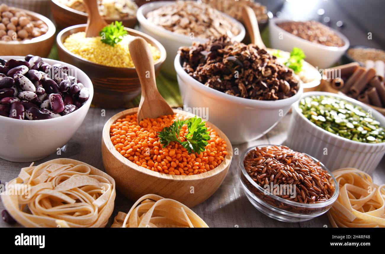 Composition with different kinds of dry food products Stock Photo - Alamy