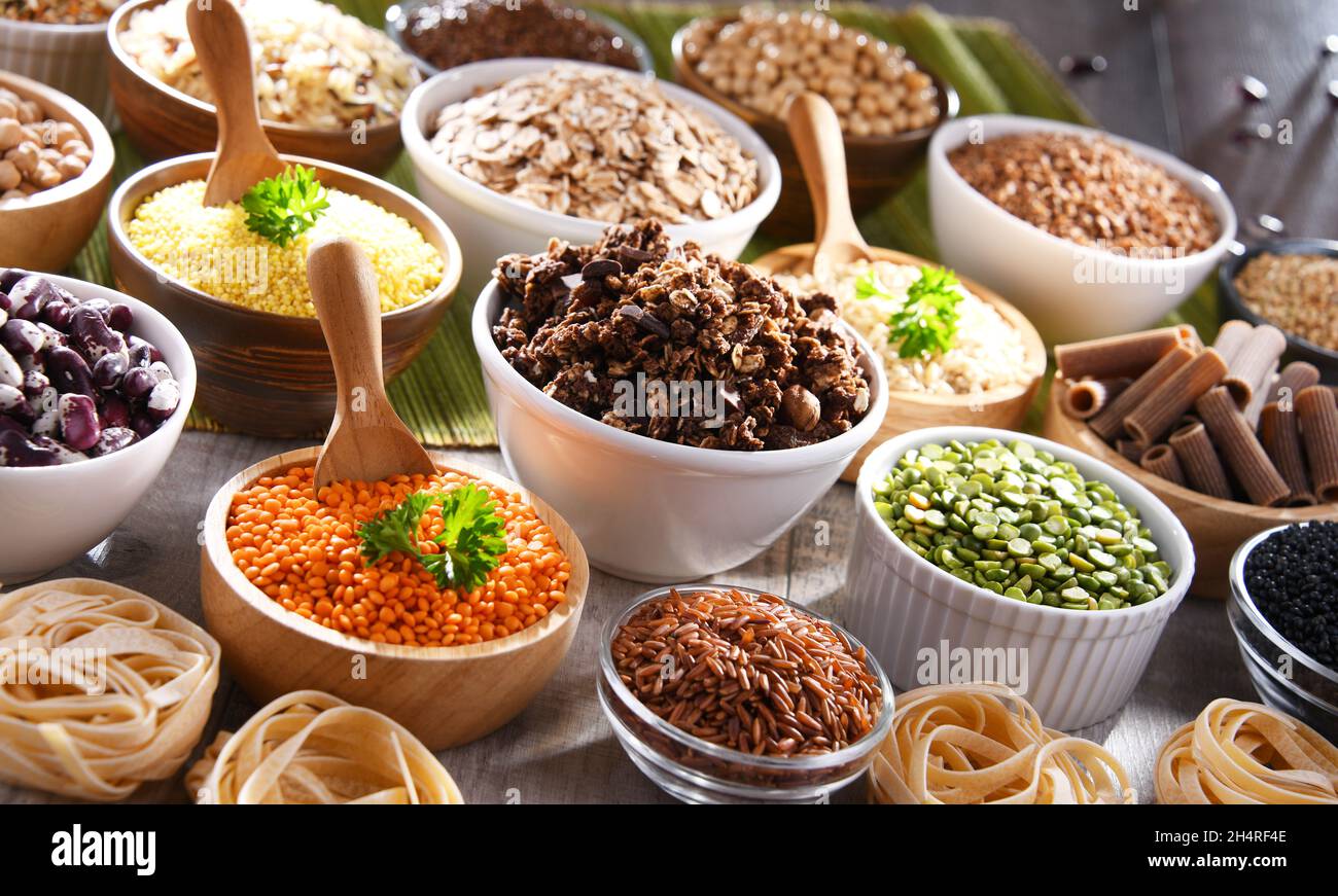 Composition with different kinds of dry food products Stock Photo - Alamy