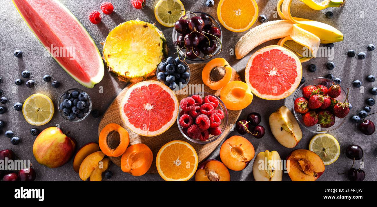 Composition with a variety of fresh culinary fruits Stock Photo - Alamy