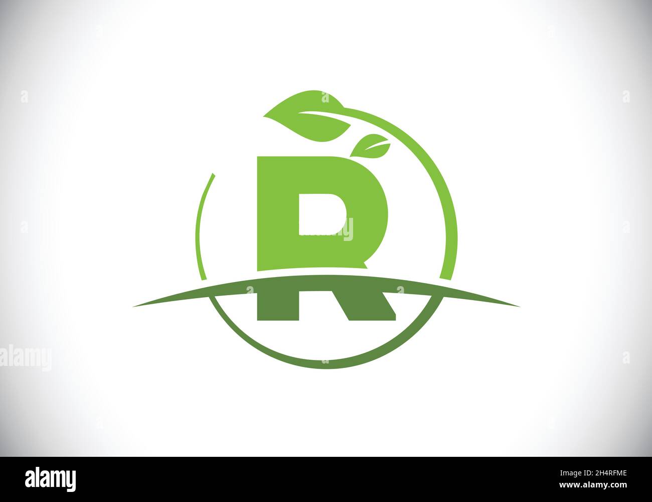 Initial R monogram alphabet with circle leaf and swoosh. Eco-friendly ...
