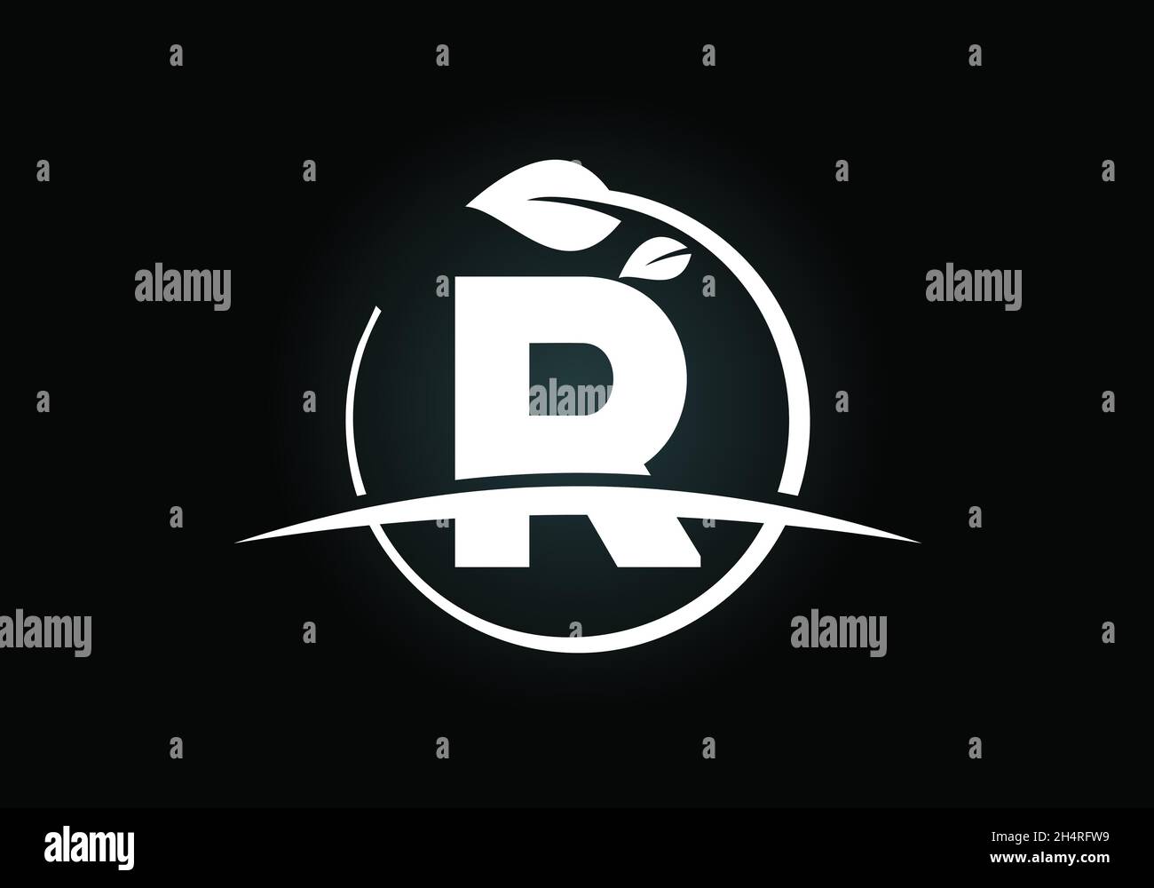 Initial R monogram alphabet with circle leaf and swoosh. Eco-friendly ...